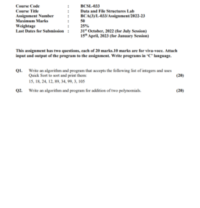 BCSL-033 Data And File Structures Lab Solved Assignment 2022-23 - Techiya.in