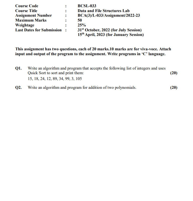 Bcsl 033 Data And File Structures Lab Solved Assignment 2022 23